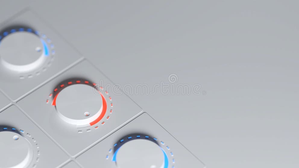 White Knobs on a Control Panel with Red and Blue Highlights. Music ...