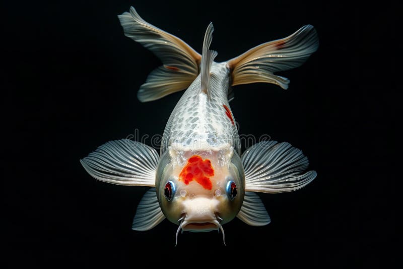 White Koi Fish with Red Face, Floating in Black Background, Minimalist ...