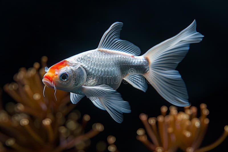 White Koi Fish with Red Face, Floating in Black Background, Minimalist ...