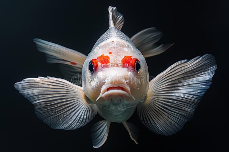 White Koi Fish with Red Face, Floating in Black Background, Minimalist ...