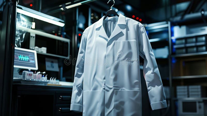 A White Lab Coat Hanging in a Dark Room Stock Photo - Image of ...
