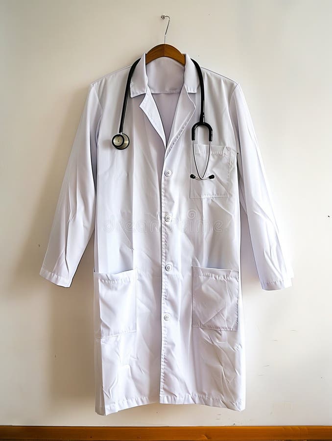 A White Lab Coat Hanging on a Wooden Hanger Stock Image - Image of coat ...