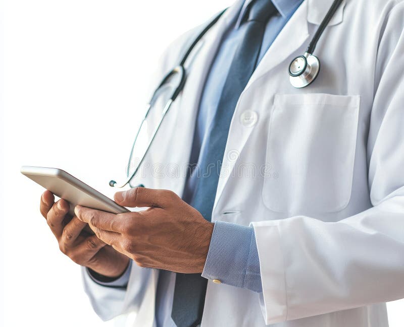 White Lab Coat Worn by Doctor Working with White Tablet Isolate Stock ...