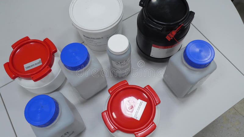 White Lab Jars on a Table in a Lab. Preparations in Jars Stock Footage ...