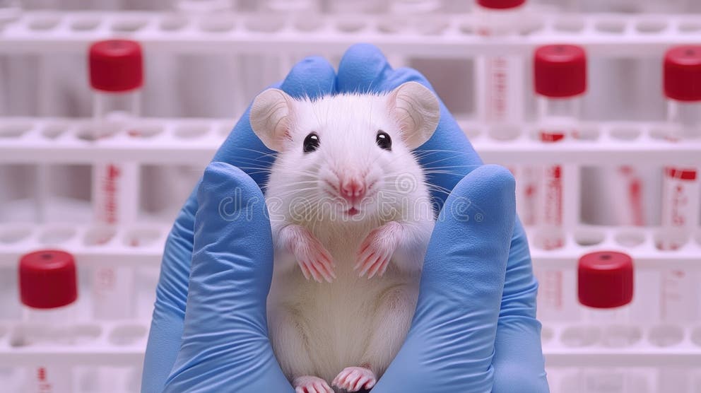 White Lab Mouse in Blue-gloved Hands in Laboratory Setting with Test ...