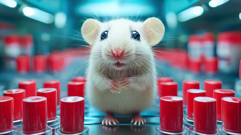 A White Lab Mouse on a Red Button in a Sterile Lab, Symbolizing ...