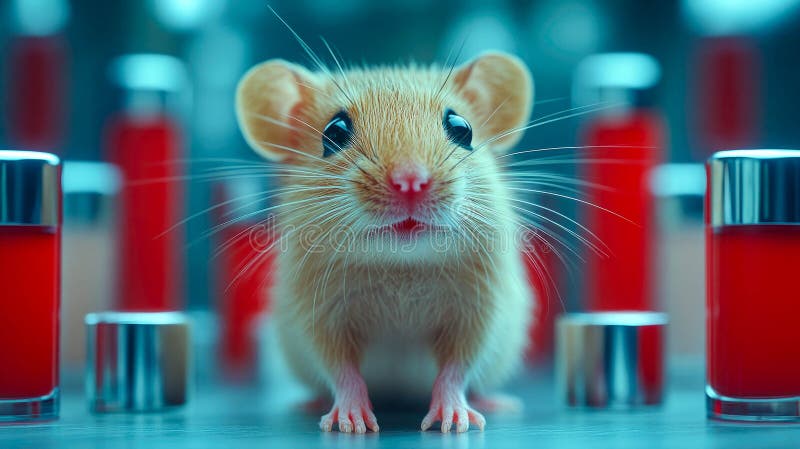 A White Lab Mouse on a Red Button in a Sterile Lab, Symbolizing ...