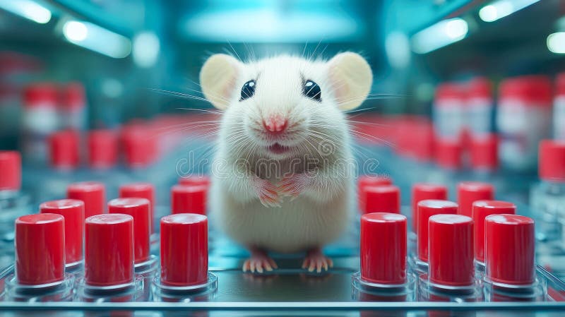 A White Lab Mouse on a Red Button in a Sterile Lab, Symbolizing ...
