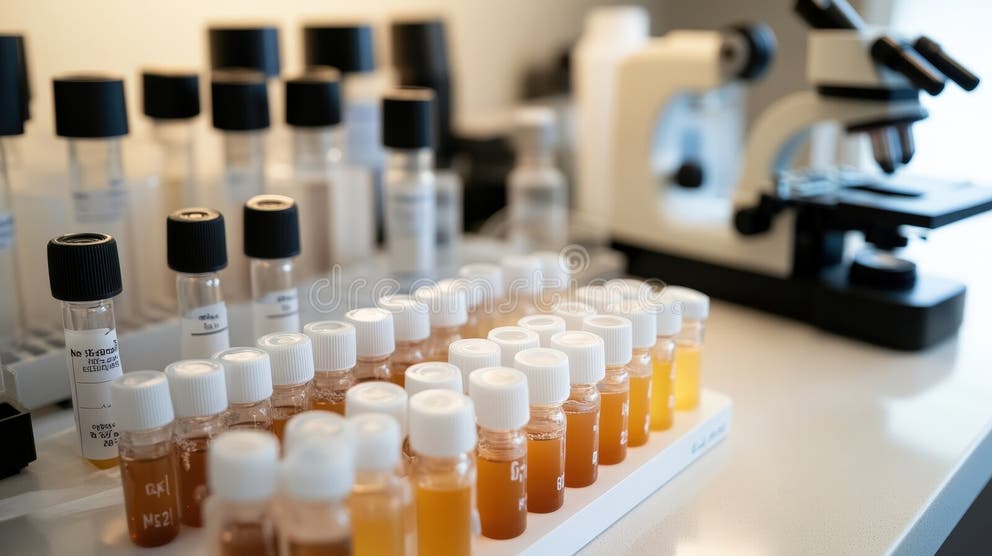 A White Lab Table with Many Bottles of Different Colors and Sizes ...