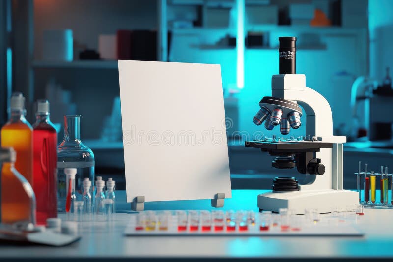 A White Lab Table with a Microscope and a White Board with a Blank ...