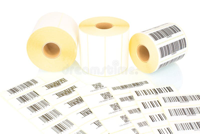 White Label Rolls and Printed Barcodes Isolated on White Background ...