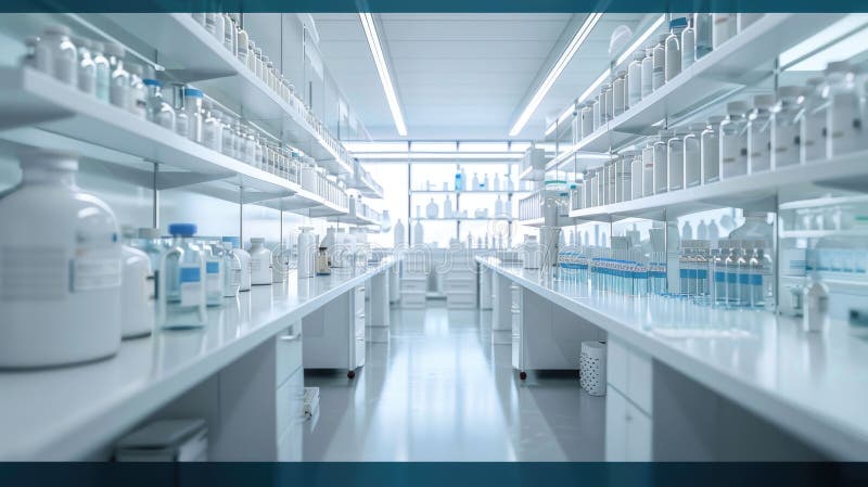 White Laboratory Interior with Glass Bottles and Containers on Shelves ...
