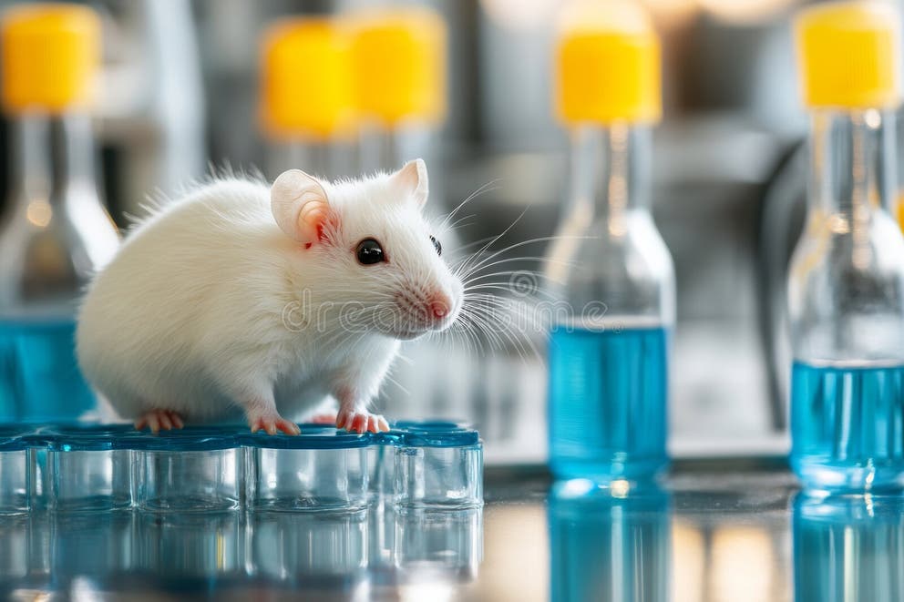 White Laboratory Mouse Exploring Blue Liquid Vials in a Research ...