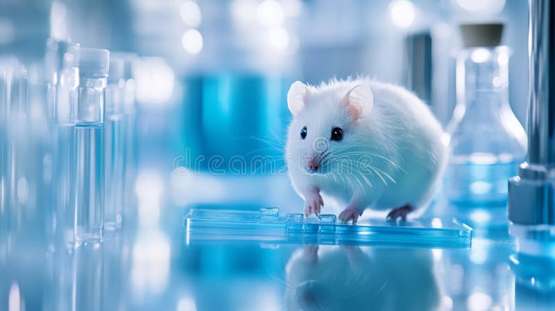 White Laboratory Mouse Exploring a Clear Plate among Glass Vials in a ...