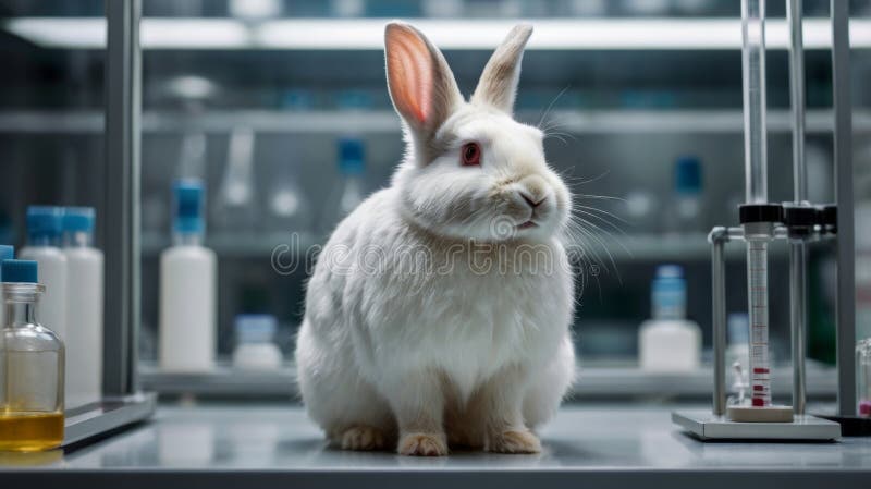 White Laboratory Rabbit Sitting on Table in Modern Chemical Research ...
