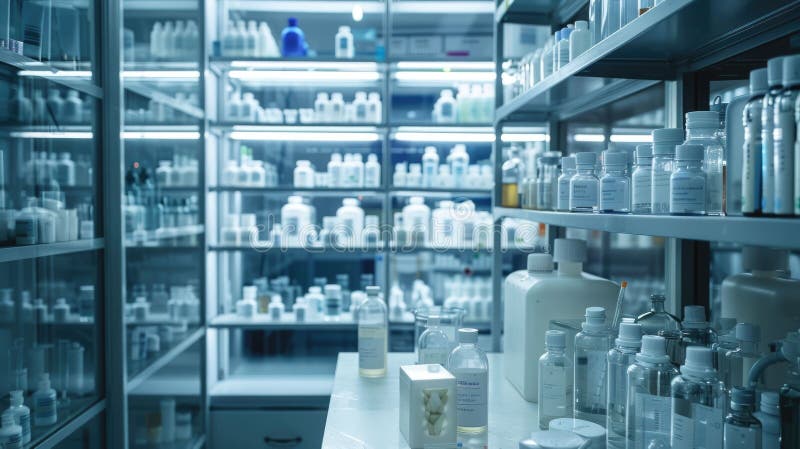 A Laboratory Workbench with Rows of Bottles and Containers Stock Photo ...