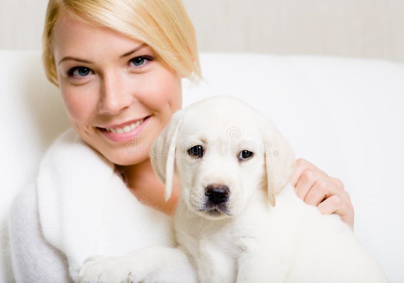 Woman Kissing White Puppy of Labrador Stock Photo - Image of domestic ...