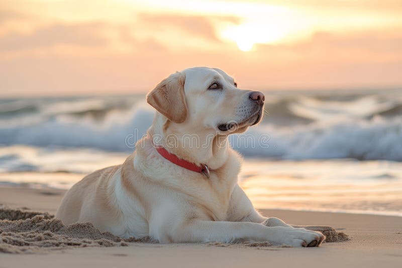 A White Labrador Retriever is Shown in Closeup, Sunbathing at the Beach ...