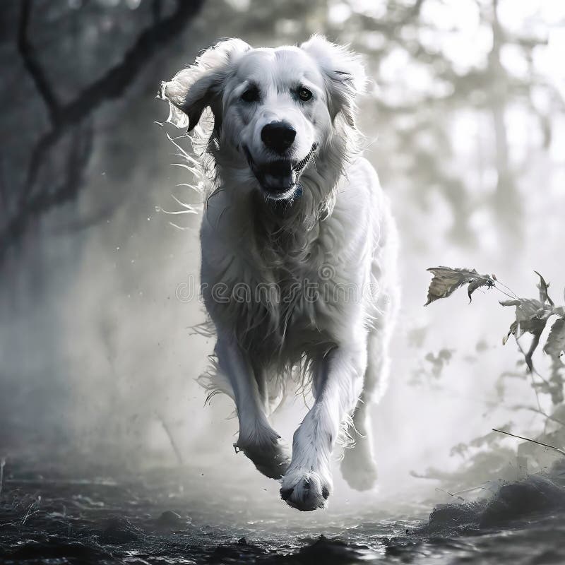 White Labrador Running through the Forest Stock Image - Image of ...