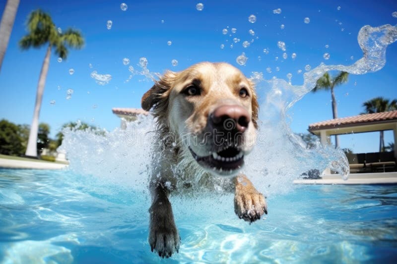 A White Labrador Swims in the Pool. the Concept of a Summer Vacation ...