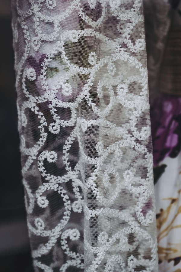 White Lace Fabric with Embroidered Patterns Stock Photo - Image of ...