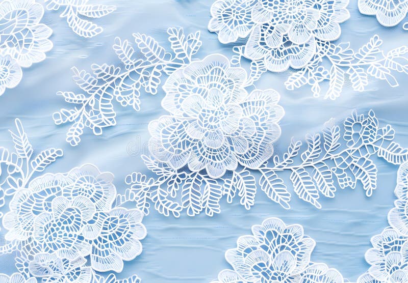 White Lace Floral Pattern on Blue Fabric Texture Stock Illustration ...