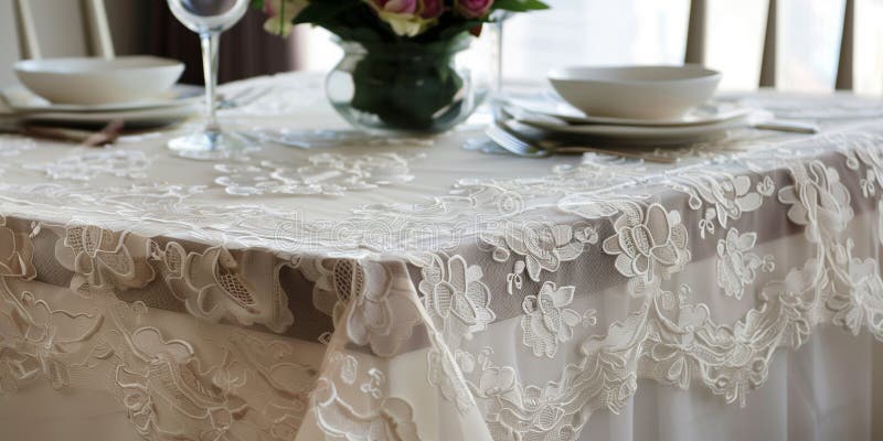 A White Lace Tablecloth with a Floral Pattern Covers a Table in a ...