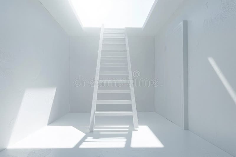 A White Ladder Leaning Against the Wall in a Room with a Skylight ...