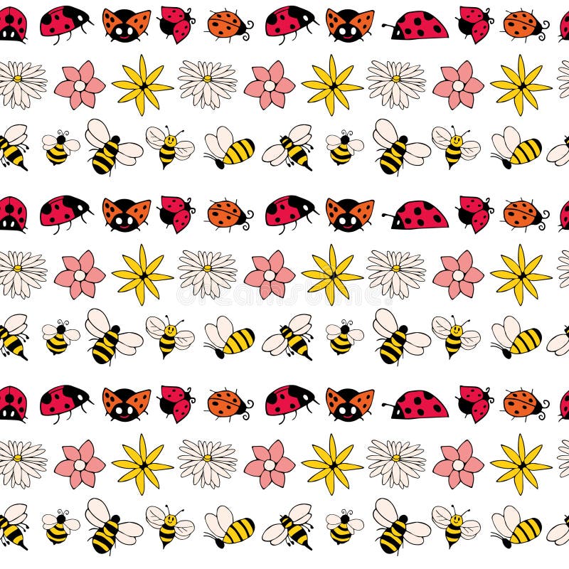 White Ladybugs and Bees Seamless Pattern Background. Summer Pattern ...