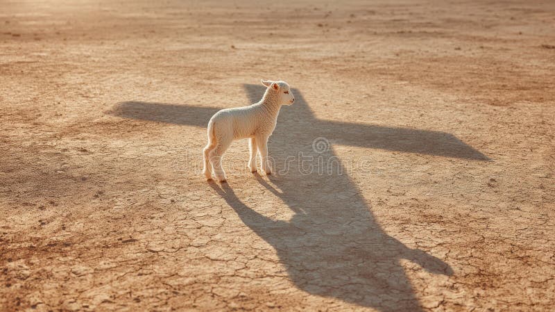 Lamb Standing Near Cross Shadow during Golden Sunset, Symbolizing ...
