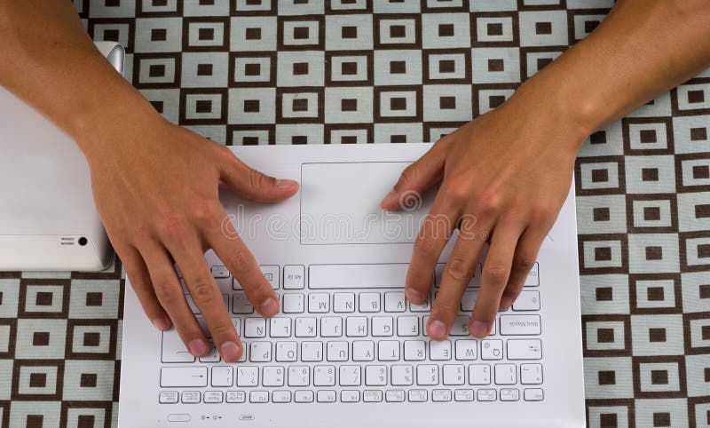 White Laptop As Seen from Above with Hands Typing on Keyboard Stock ...