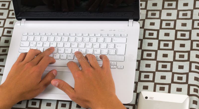 White Laptop As Seen from Above with Hands Typing on Keyboard Stock ...