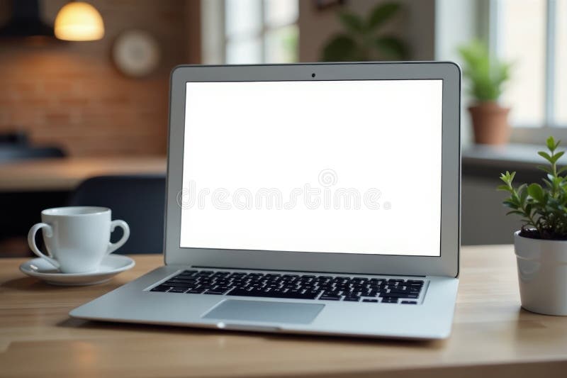 White Laptop with Blank Screen on Wooden Desk , Interface, Table Stock ...
