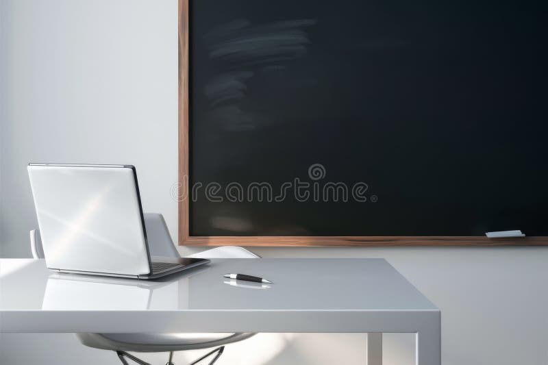 A White Laptop Computer Sitting on a Table in Front of the Blackboard ...