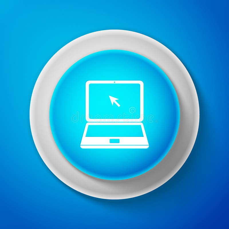 White Laptop with Cursor Icon Isolated on Blue Background. Circle Blue ...