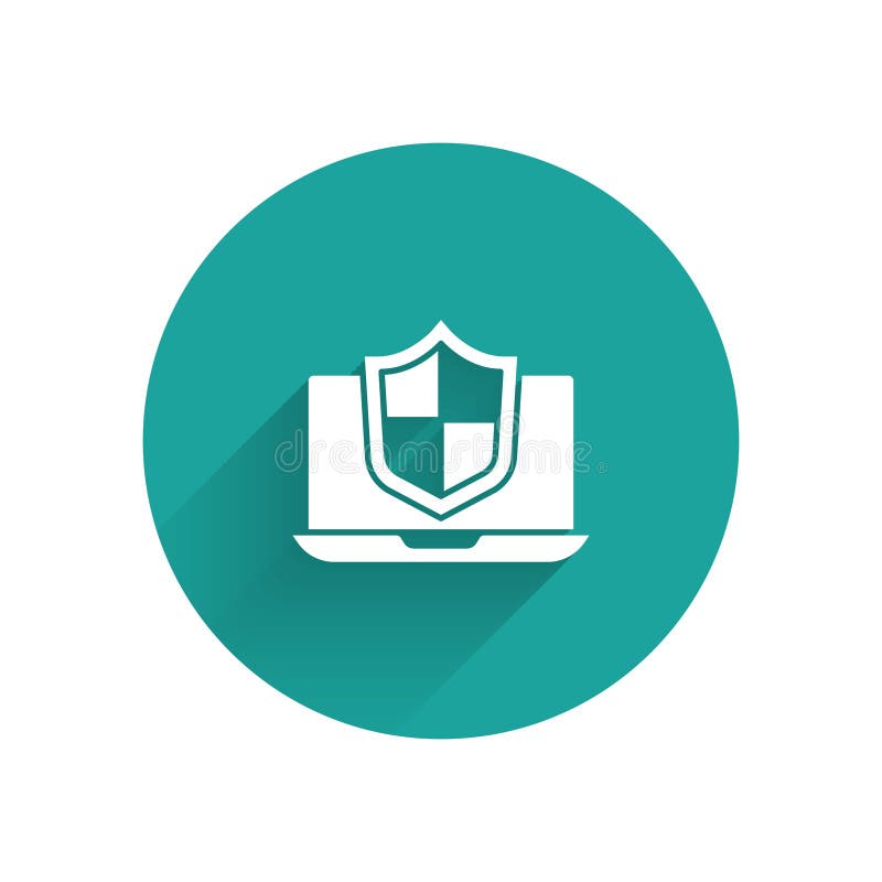 White Laptop Protected with Shield Icon Isolated with Long Shadow. PC ...