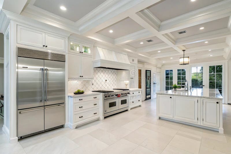 White Large Luxury Kitchen with Huge Stove and Refrigerator. White Beam ...