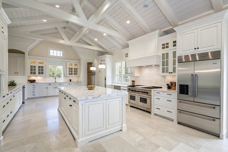 White Large Luxury Kitchen with Huge Stove and Refrigerator. White Beam ...