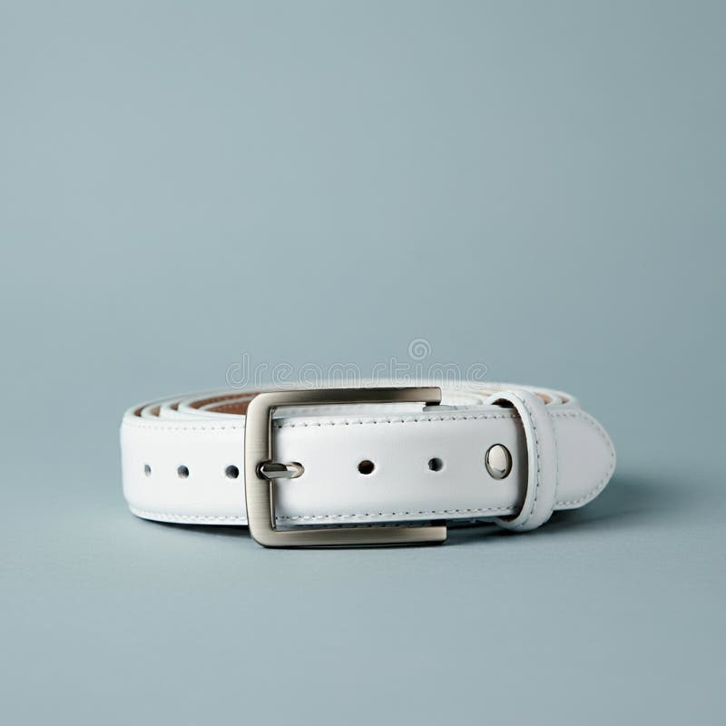 A White Leather Belt is Neatly Rolled on a Light Blue Surface. the Belt ...