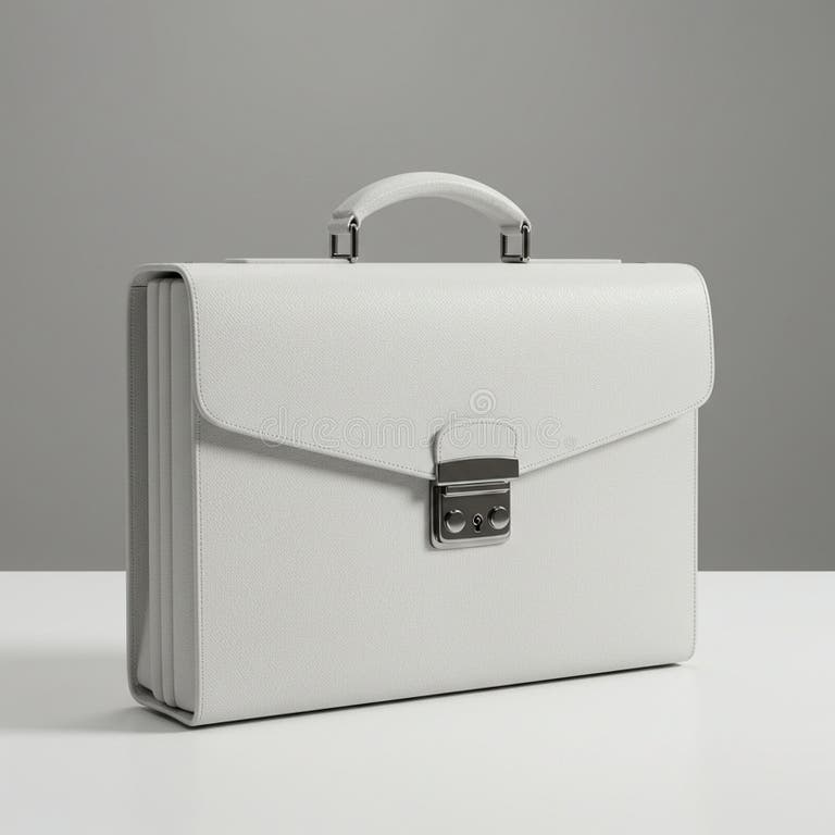 White Leather Briefcase Sits on a White Surface Against a Gray ...