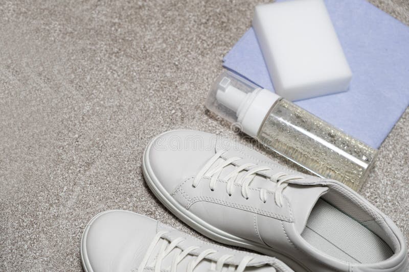 White Leather Shoe Cleaning Kit - Foam, Rag and Sponge, Copy Space ...