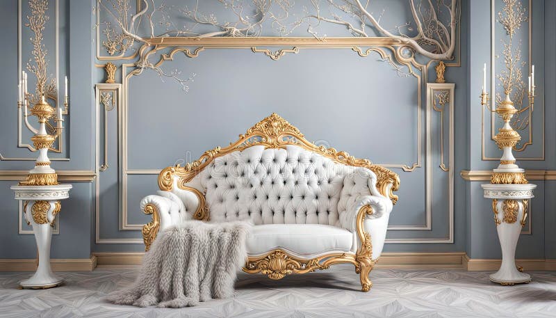 White Leather Sofa in Rococo Style Against a Background of a Delicate ...