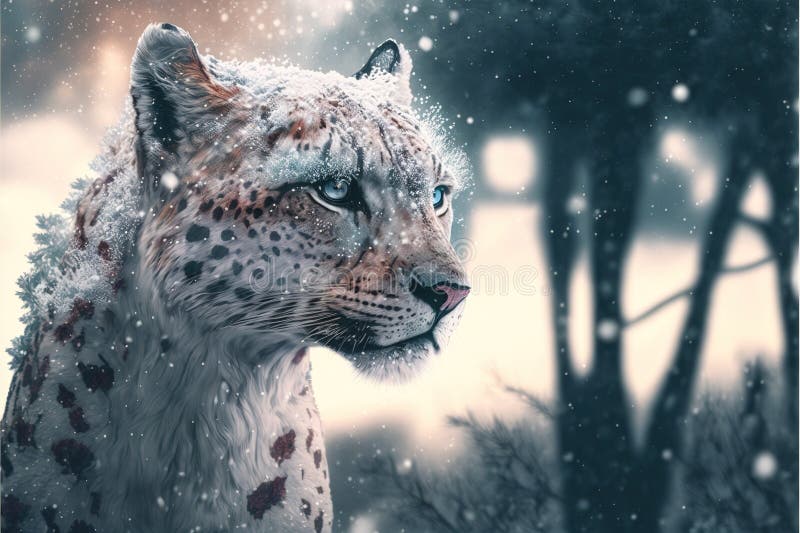 White Leopard Face in Snow Winter Forest, Predator in Wilderness Stock ...