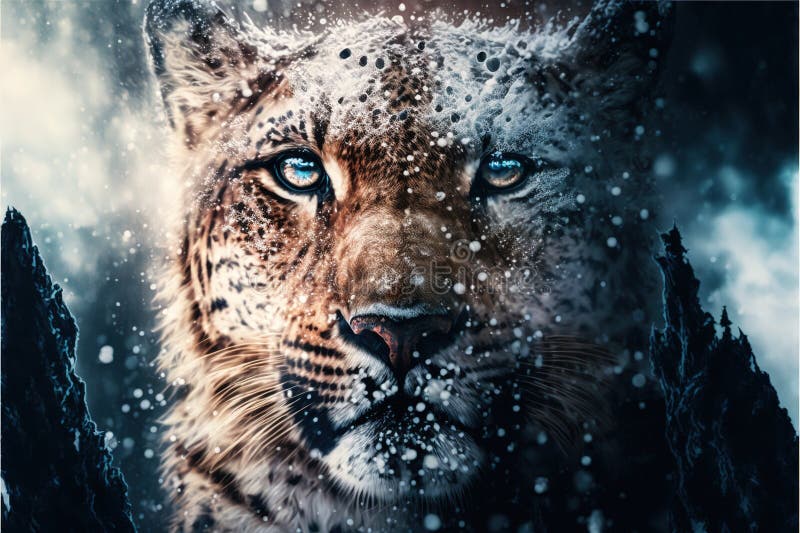 White Leopard Face in Snow Winter Forest, Predator in Wilderness Stock ...