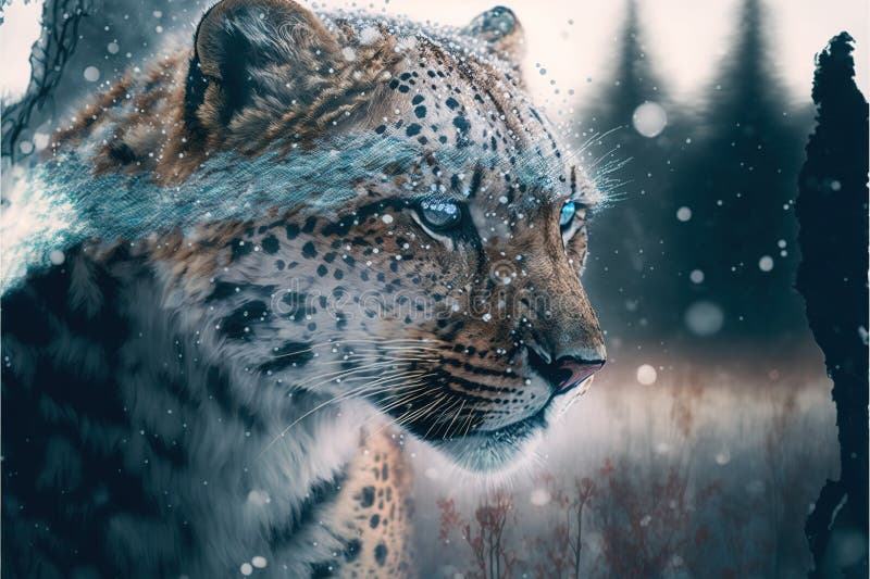 White Leopard Face in Snow Winter Forest, Predator in Wilderness Stock ...