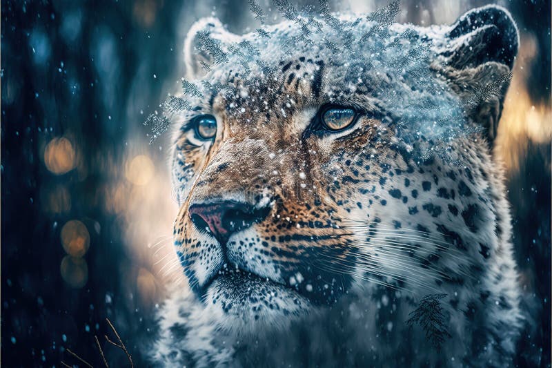 White Leopard Face in Snow Winter Forest, Predator in Wilderness Stock ...