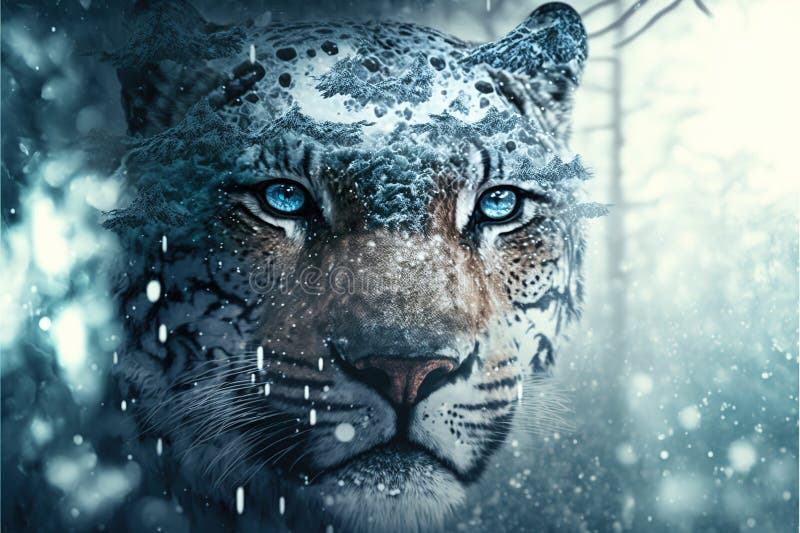 White Leopard Face in Snow Winter Forest, Predator in Wilderness Stock ...
