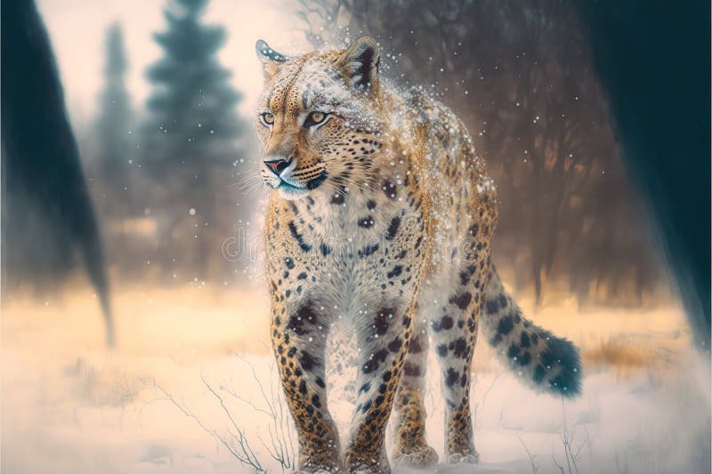 White Leopard Face in Snow Winter Forest, Predator in Wilderness Stock ...