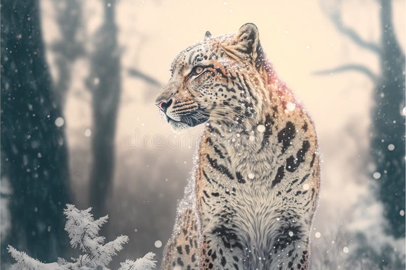 White Leopard Face in Snow Winter Forest, Predator in Wilderness Stock ...