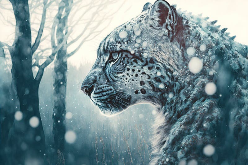 White Leopard Face in Snow Winter Forest, Predator in Wilderness Stock ...